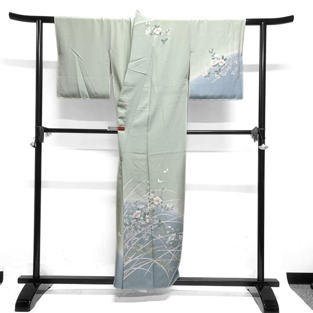 Yahoo!オークション - 訪問着 椿 蝶 萩 藤 グリーン 着物 113a d