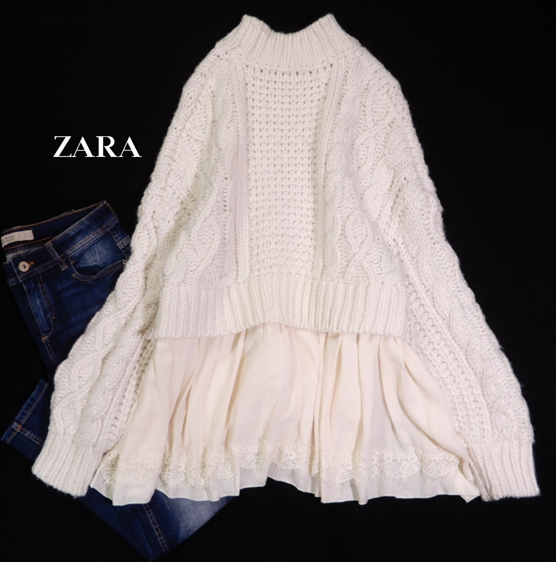 Yahoo!オークション - ザラ ZARA 大人可愛い 異素材ドッキング 裾レー...