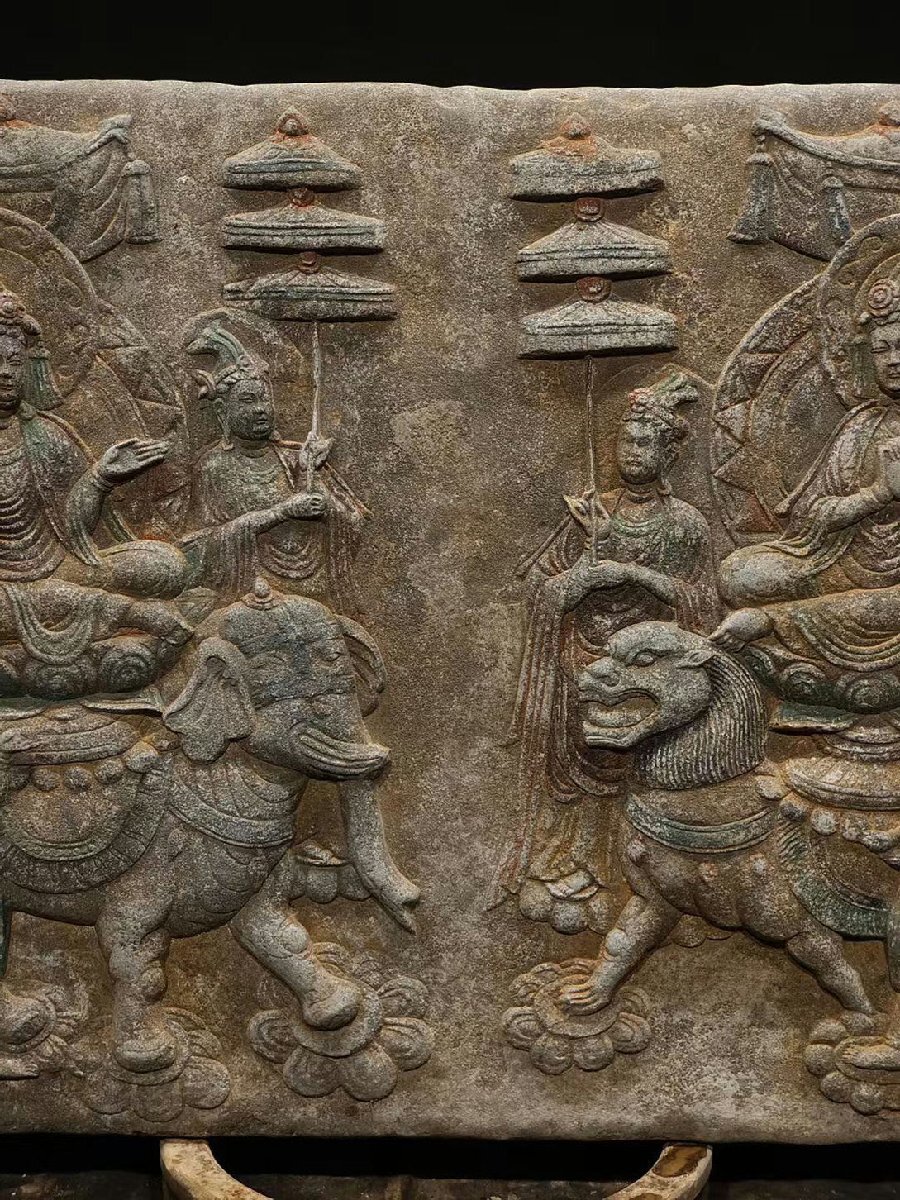 Yahoo!オークション - 渡鶴羽 P901唐時代 青石文殊普賢菩薩仏板 青石...