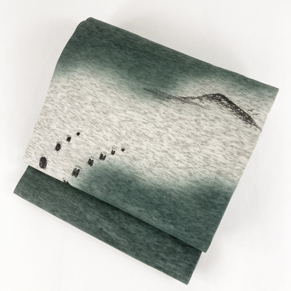 Yahoo!オークション - 名古屋帯 開き仕立て帯 上村陽道 道中風景 刺繍 ...