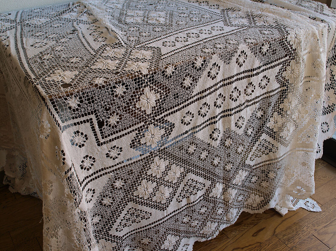 フィレレース 刺繍レース テーブルクロス 花柄 星柄 モチーフ クロシェレース 260cm×210cm 間仕切り カーテンにも ヴィンテージ/K039(西洋)｜売買されたオークション情報 ...