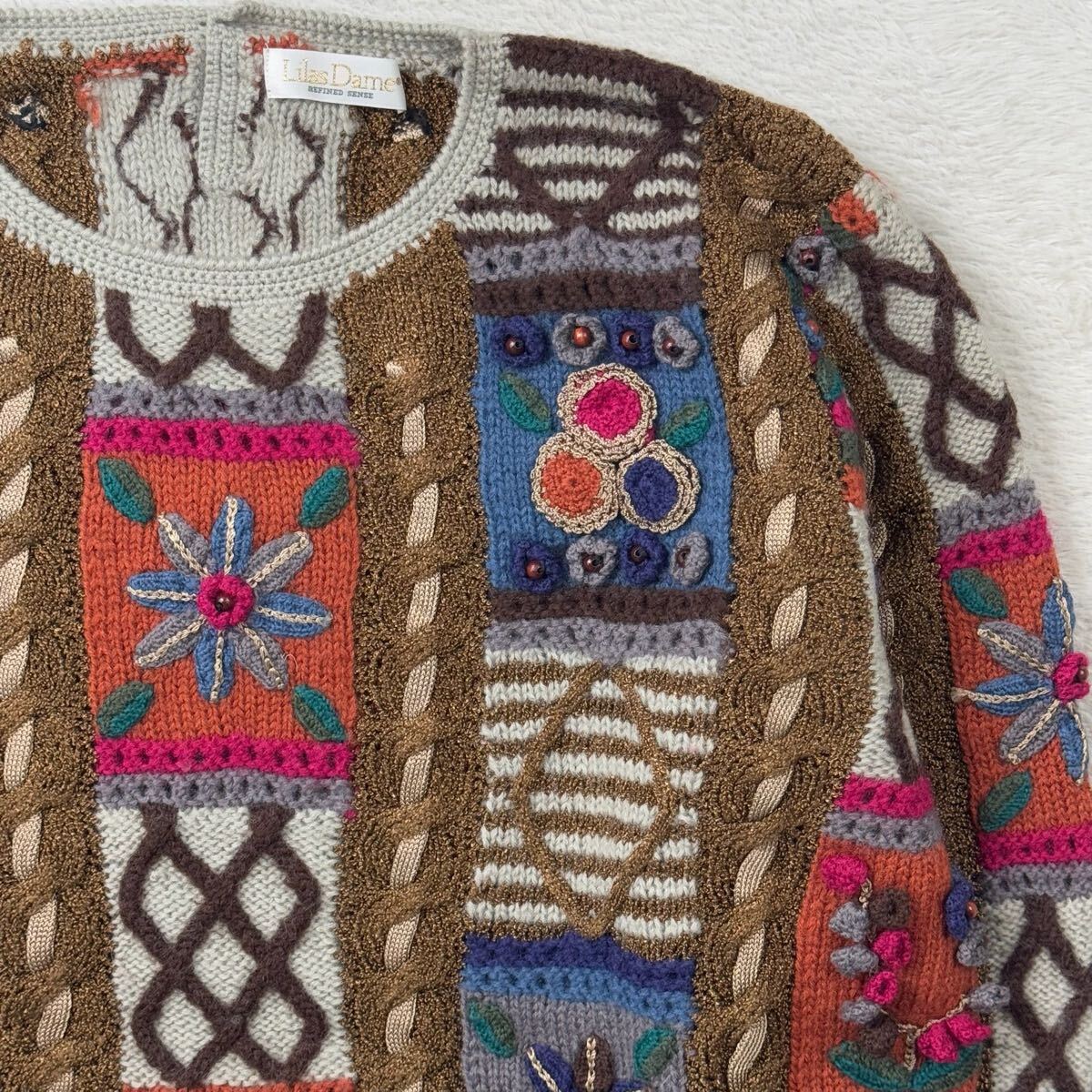 Yahoo!オークション - Lilas Darne 長袖ニットセーター 総柄ニットセー...