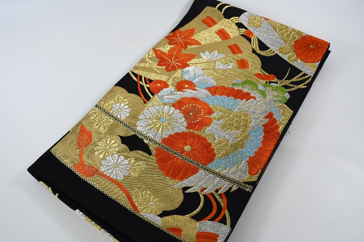 Yahoo!オークション - 袋帯 六通柄 黒 扇子 金糸 帯丈422cm 着物屋 ne-...
