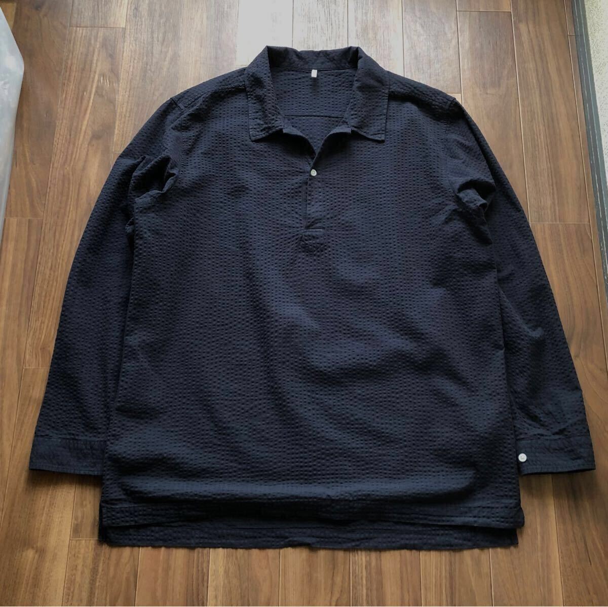 The DUFFER of ST.GEORGE WEB限定アイテム SEERSUCKER OVERDYE SKIPPER SH：シアサッカーストライプ 製品染め スキッパーシャツ XL紺(XL ...