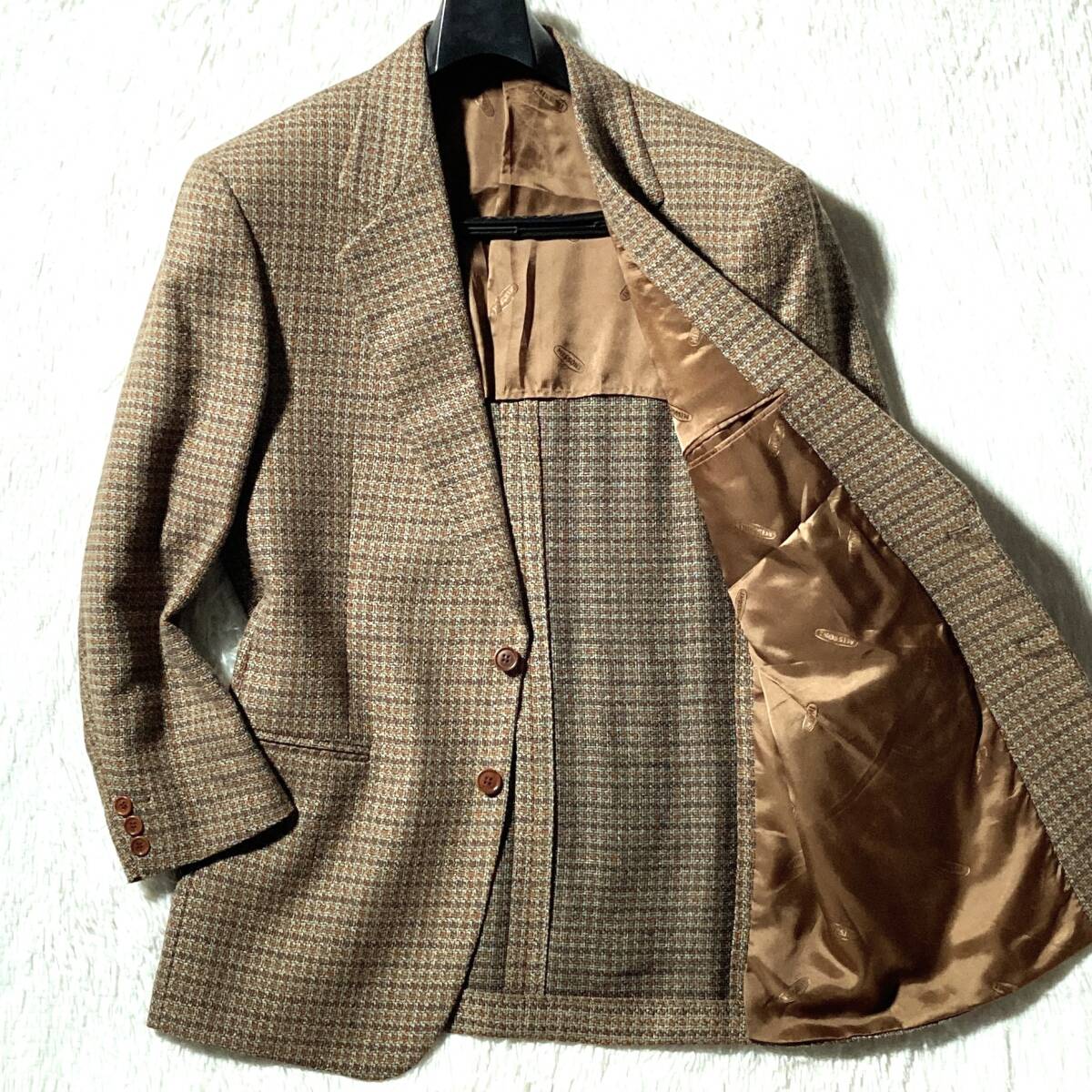 MISSONI UOMO イタリア製 千鳥格子チェック風 高級シルク45% 2Bテーラードジャケット 背抜き 茶 50 ミッソーニ 90s ...