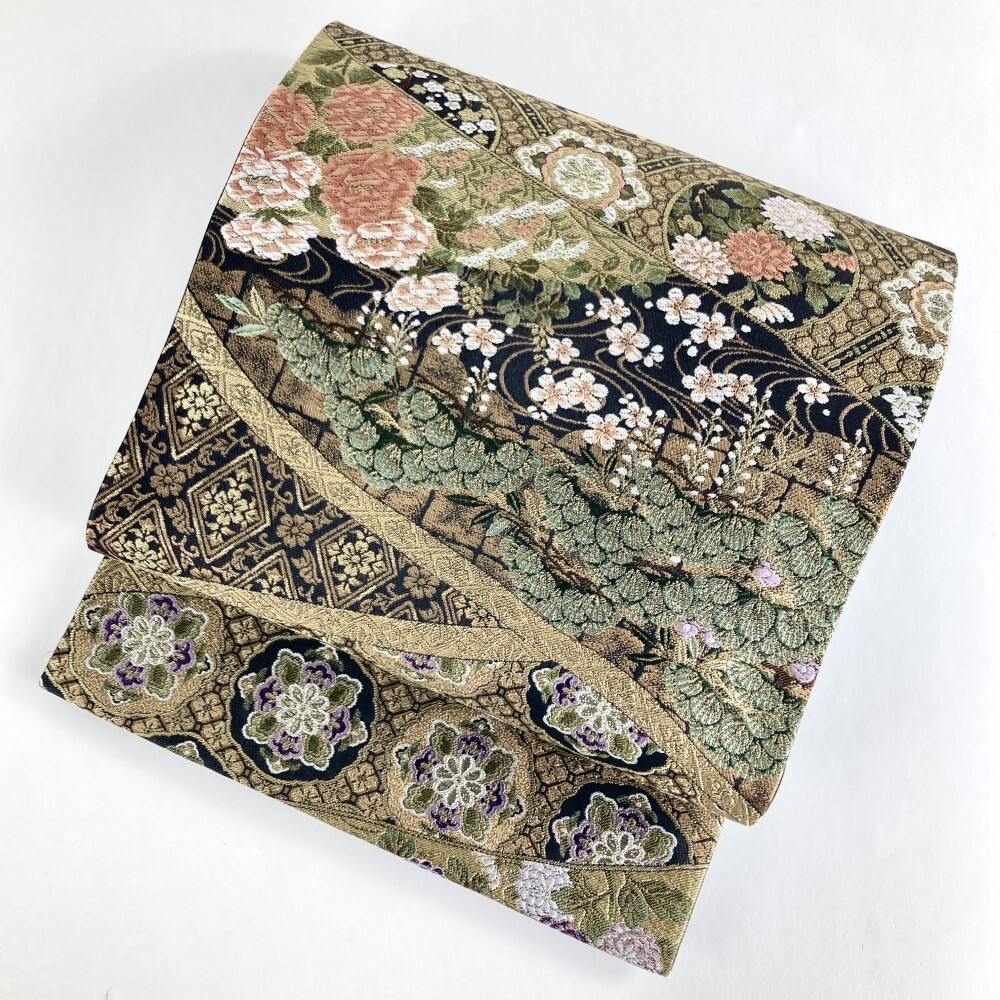 Yahoo!オークション - 袋帯 二代目仁衛門 本金箔 花模様 刺繍 金銀糸 ...