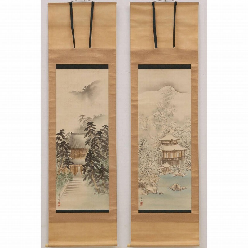 Yahoo!オークション - 【真作】森寛斎 掛軸 絹本 肉筆 彩色・墨「夏冬...