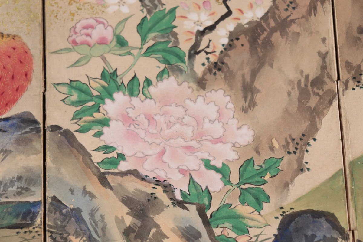 Yahoo!オークション - E811 古い雛屏風一対 手描き 花鳥図 古雛 雛道具...