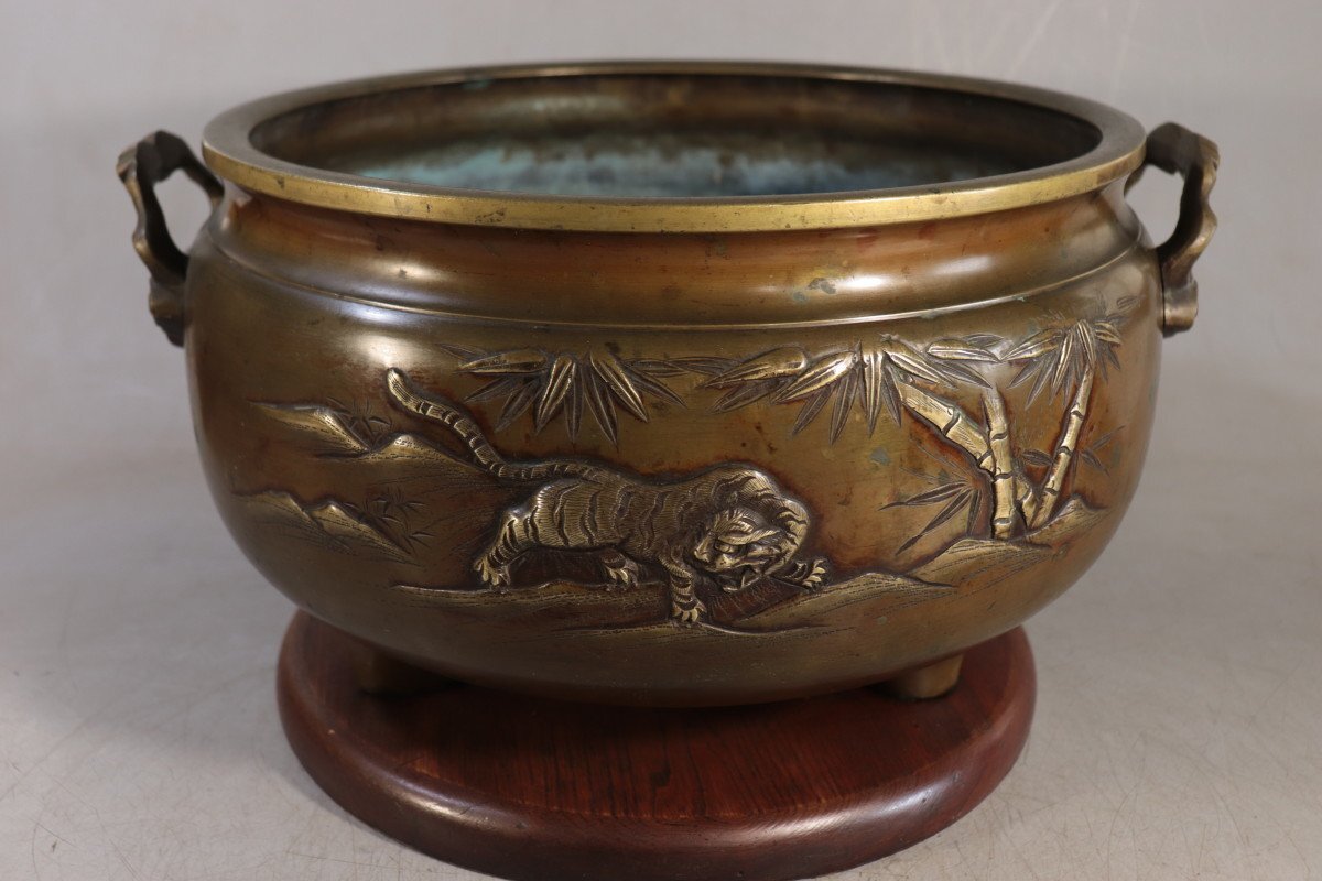 Yahoo!オークション - E926 火鉢 真鍮製 手あぶり 竹に虎 竜 象嵌 金属...