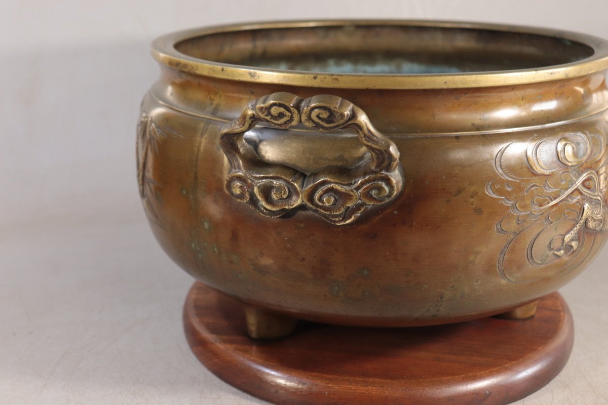 Yahoo!オークション - E926 火鉢 真鍮製 手あぶり 竹に虎 竜 象嵌 金属...