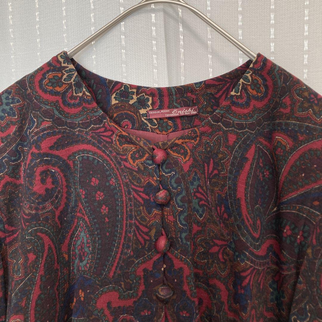 Yahoo!オークション - 美品 【Onishi】 長袖 ワンピース 総柄 赤 ボタ...