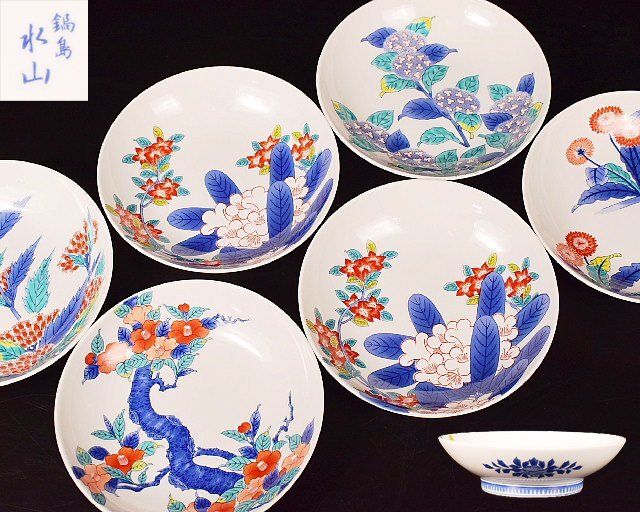 Yahoo!オークション - Y45 【泉美】水山作 色鍋島 高台皿 6客セット 小...