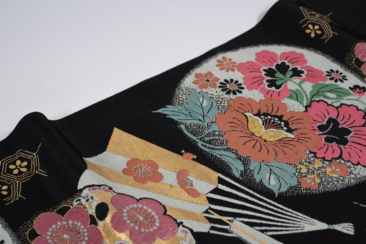 Yahoo!オークション - 袋名古屋帯 アンティーク 花 扇子 未仕立て 六通...