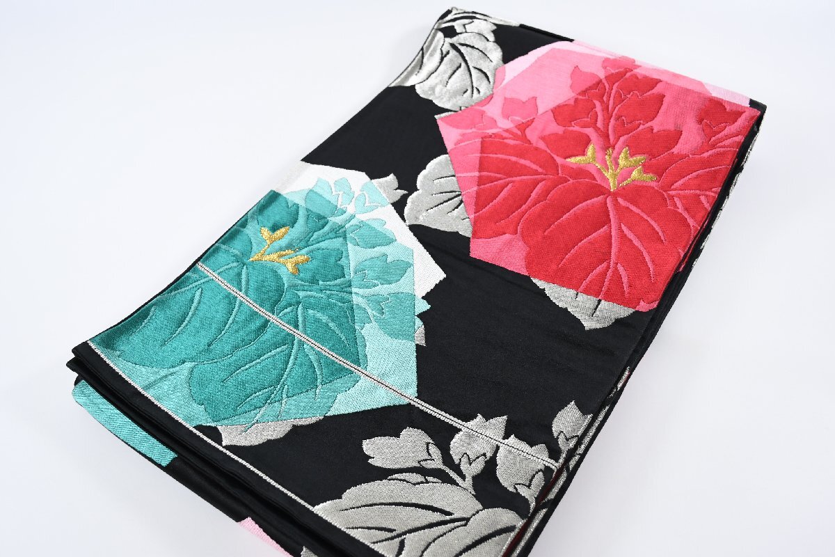 Yahoo!オークション - 袋名古屋帯 六通柄 花 黒 帯丈406cm 着物屋 ne-1...