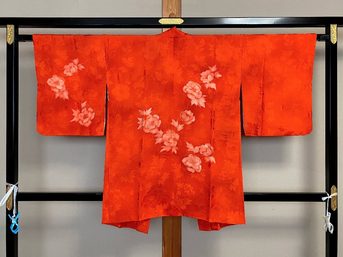 Yahoo!オークション - 33B/アンティーク 女性 絵羽織 朱色 牡丹柄 モダ...