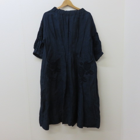 Yahoo!オークション - Y351 MIYACO 半袖 リネンワンピース 紺 2/19 A