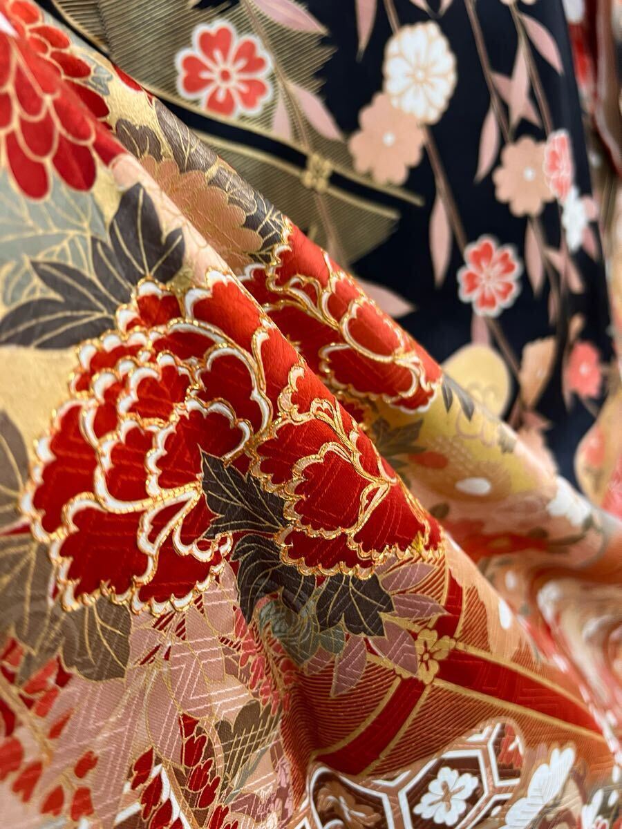 Yahoo!オークション - 逸品 振袖 正絹 駒刺繍 黒赤 晴着 祝着 着丈161c...