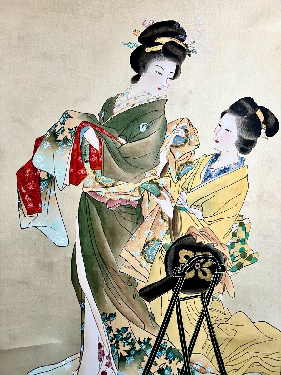 真作】【S8】鏑木清方「着付け」絹本 肉筆 合箱 金泥 美人画 真作】【S8】鏑木清方「着付け」絹本 肉筆 合箱 金泥 美人画