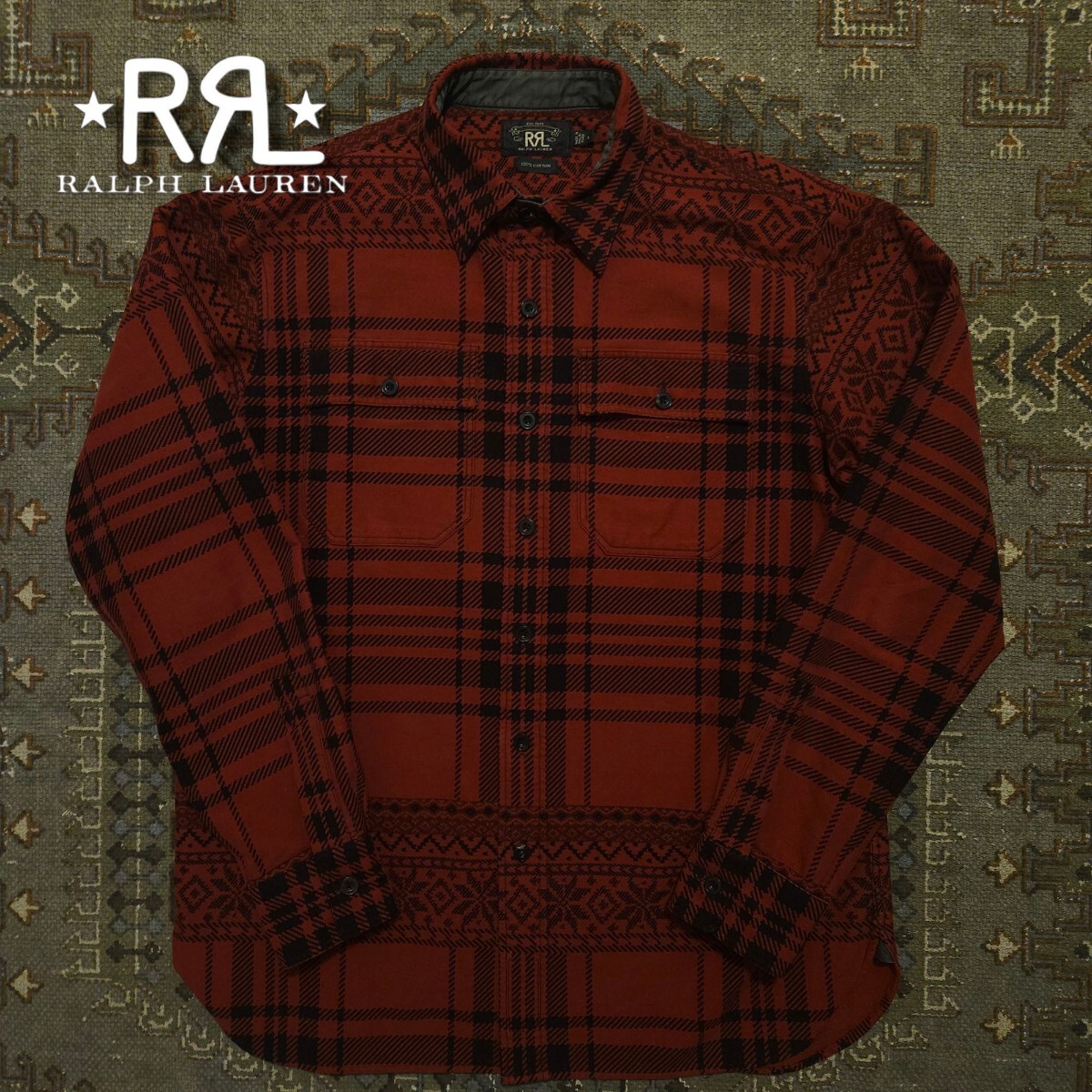 傑作 RRL Fair Isle Work Shirt Jacket L フェアアイル ワーク シャツジャケット チンストラップ 総柄 Ralph Lauren 水牛ボタン(ジャケット、上着 ...