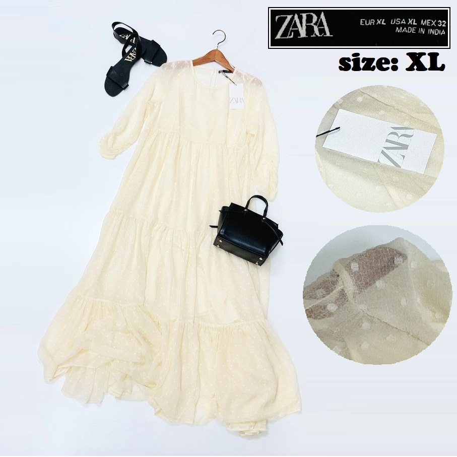 Yahoo!オークション - ZARA /XL/ ベージュ ドットロングワンピース シ...