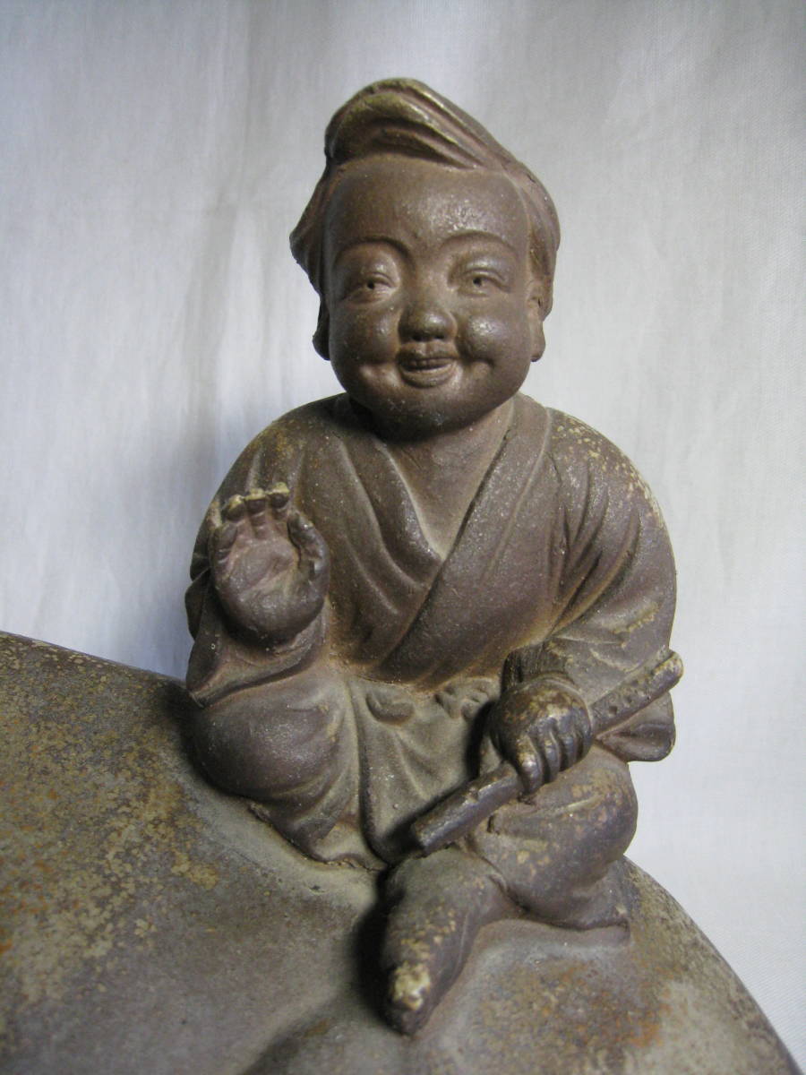 備前焼 【騎牛帰家童子像】名工14代 木村友敬 幅約38cm 重量感 備前焼 【騎牛帰家童子像】名工14代 木村友敬 幅約38cm 重量感