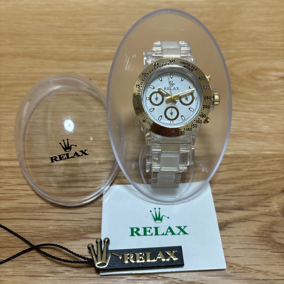 RELAX腕時計 王冠折れロゴ クロノ イエローゴールド スケルトン RELAX腕時計 王冠折れロゴ クロノ イエローゴールド スケルトン