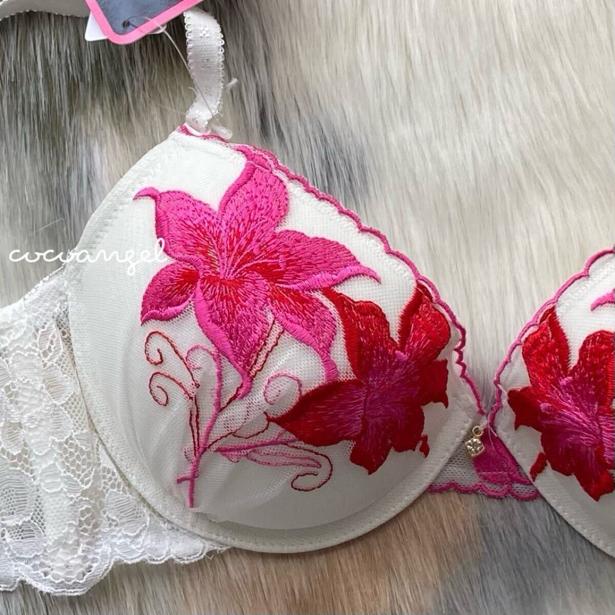 ラスト E80/L ホワイト 上下セット ブラ&ショーツ ブラジャーショーツ パッド付き 花柄刺繍 盛りブラ レース 透けパンティ Eカップ(新品/送料無料)のオークション落札情報