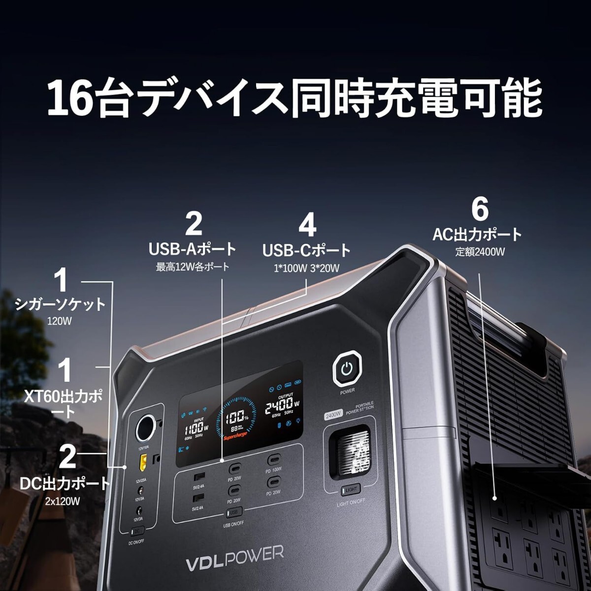 VDL ポータブル電源 2400W ポータブルバッテリー 大容量 640000mAh/2048Wh AC2400W 瞬間最大4800W 2時間満充電 超高速充電 リン酸鉄(キャンプ、アウトドア ...