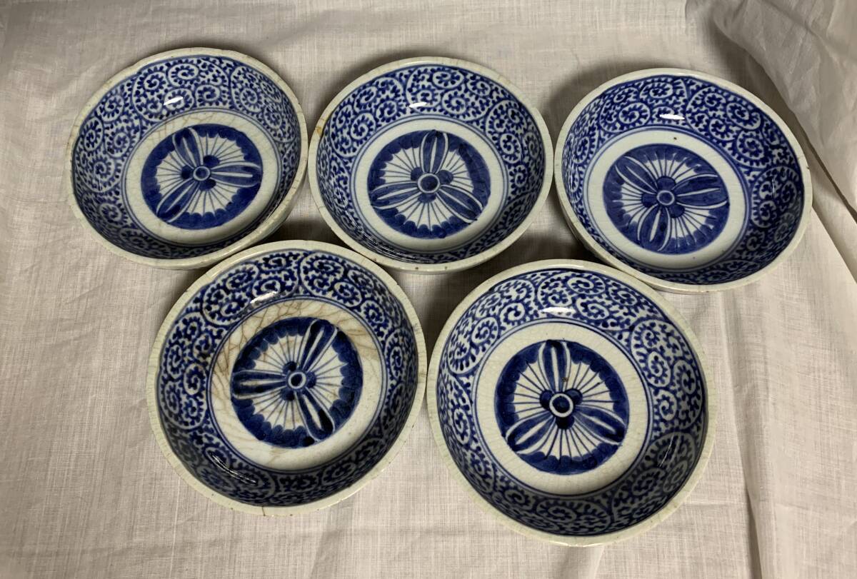 Yahoo!オークション - 古伊万里 染付 蛸唐草 なます皿 江戸期 幕末 5客...