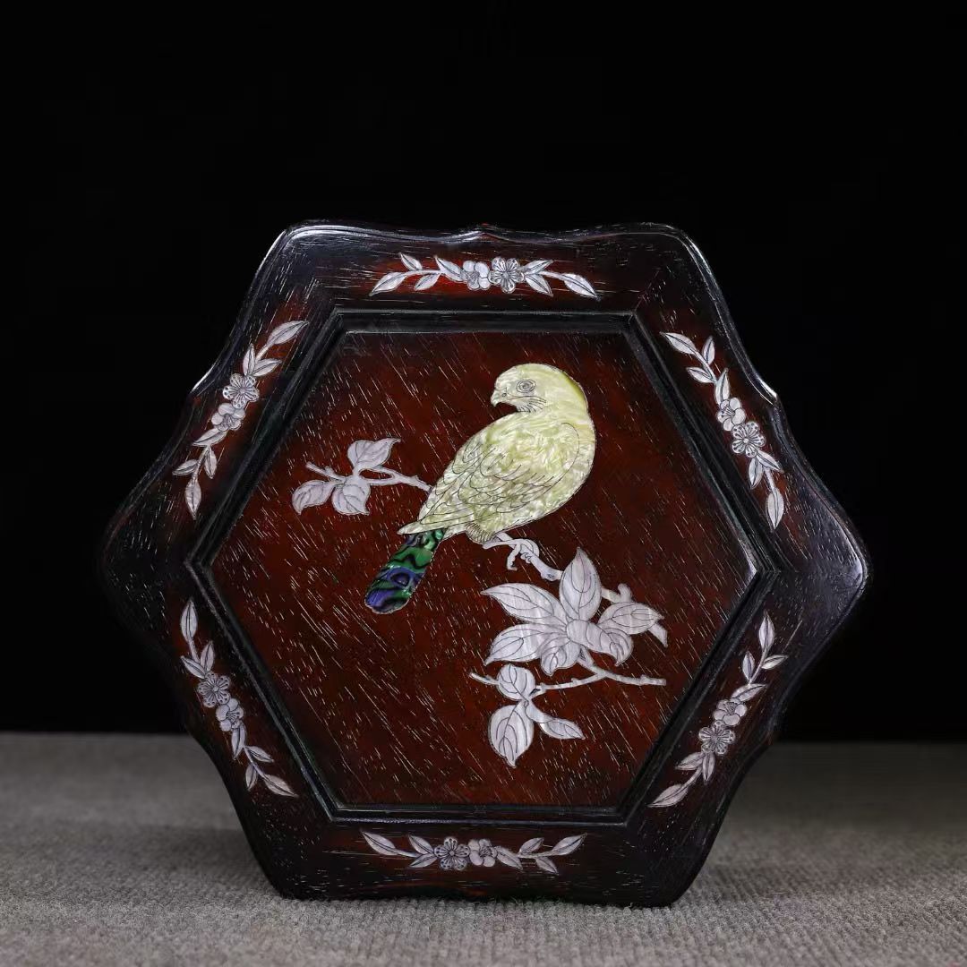 Yahoo!オークション - B96中国美術 檀に貝をちりばめて喜ぶ六角アクセ...