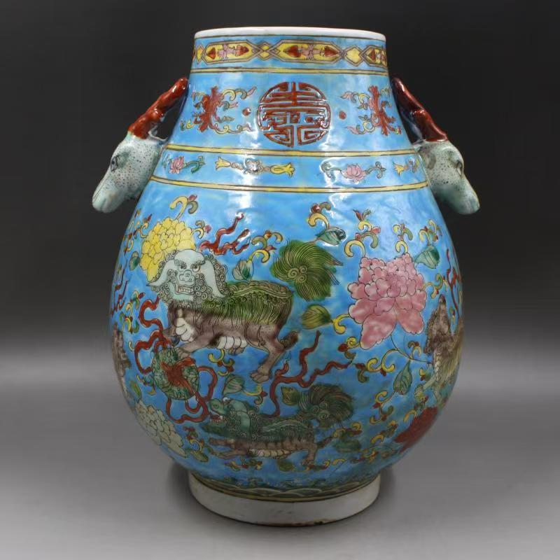 Yahoo!オークション - A99旧家収蔵 清康熙緑地粉彩人物鹿頭尊福筒磁器 ...