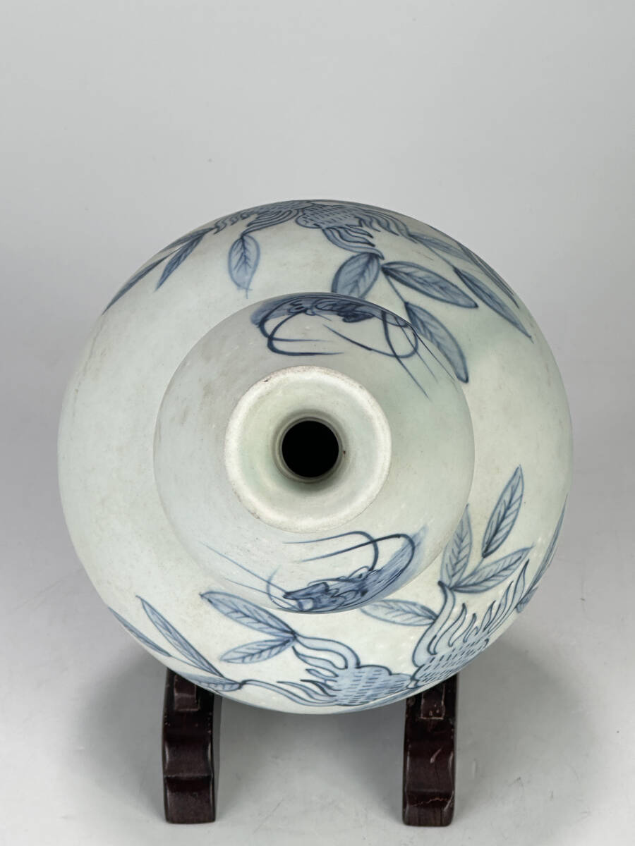 UM30S35 韓国美術 李朝時代 白磁 青花 柘榴文瓢箪瓶 花瓶 花器 UM30S35 韓国美術 李朝時代 白磁 青花 柘榴文瓢箪瓶 花瓶 花器