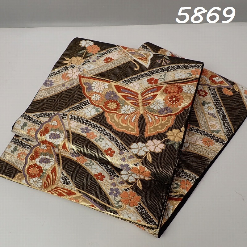 Yahoo!オークション - TA-5869 黒地 佐賀錦 袋帯 蝶に花 振袖 六通 20...