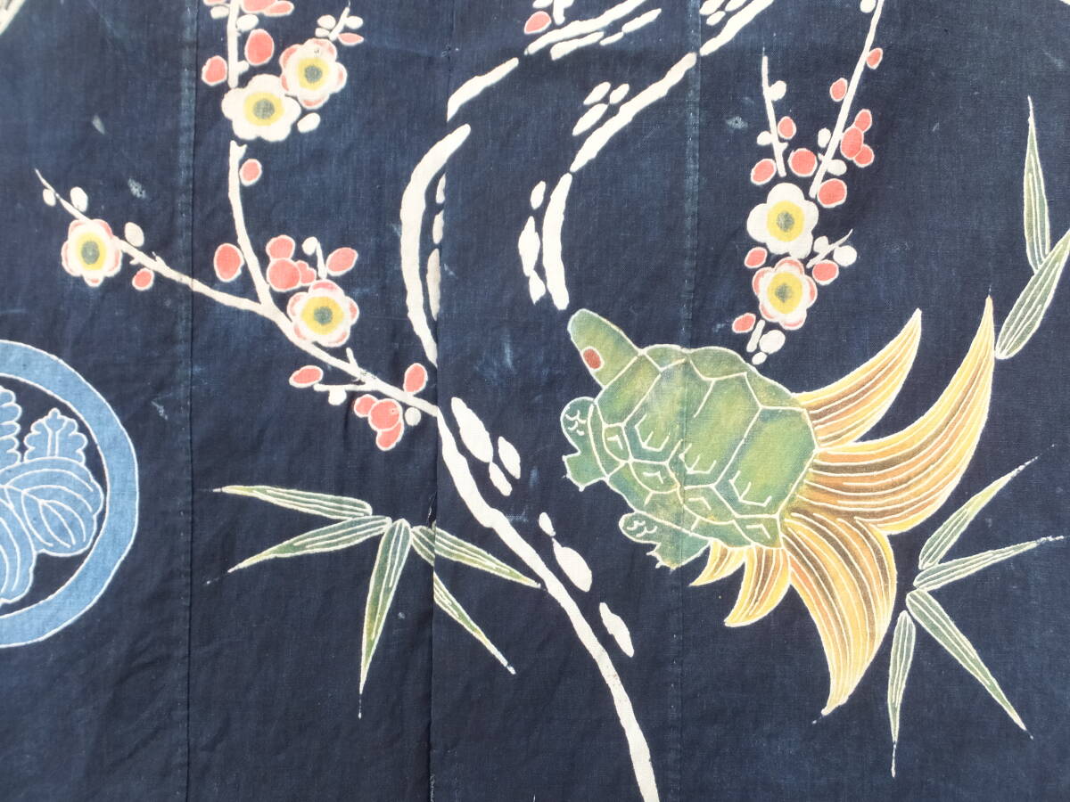 Yahoo!オークション - 可愛らしい柄の中厚藍木綿筒描彩色鶴亀松竹梅文...