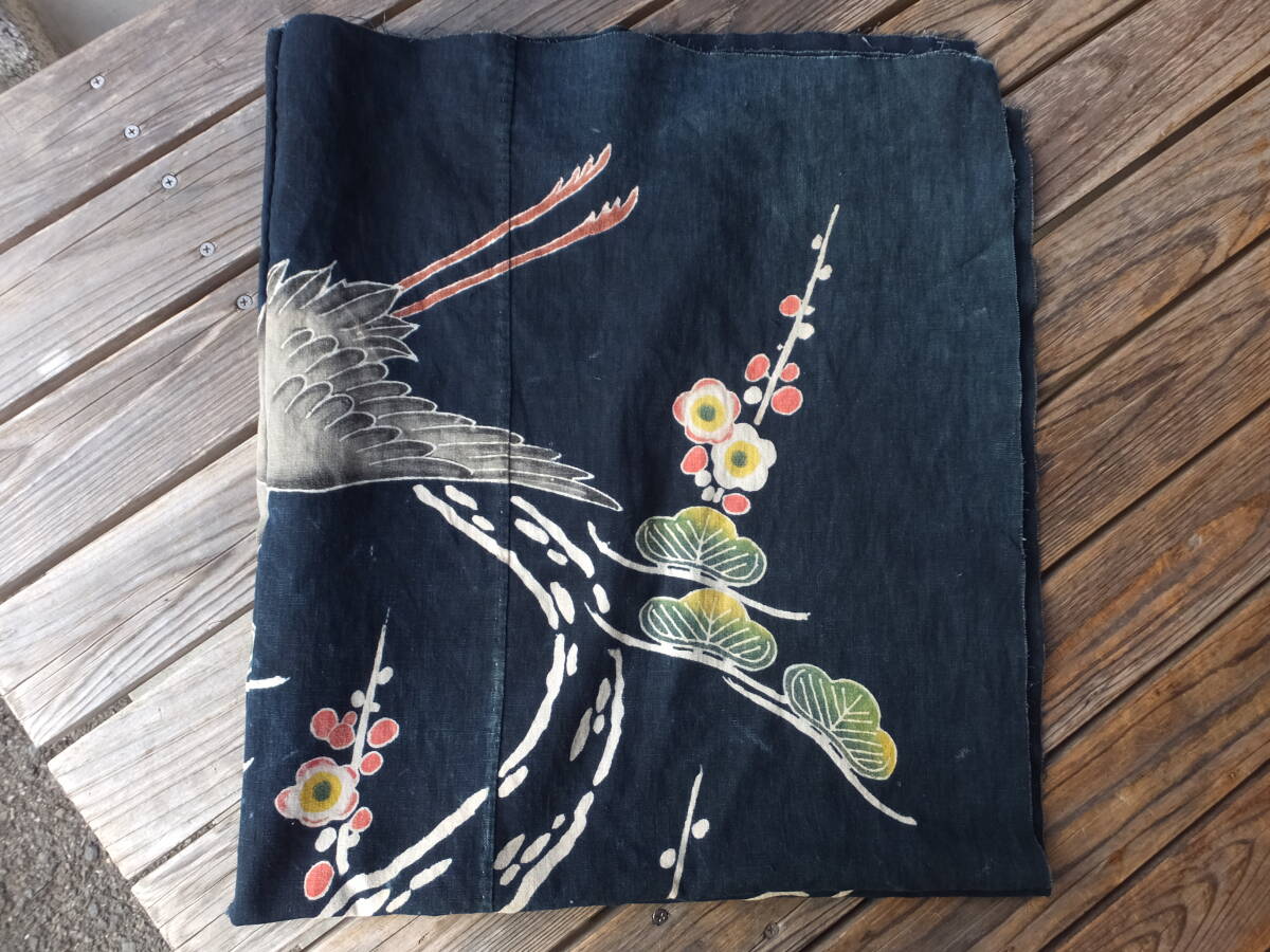 Yahoo!オークション - 可愛らしい柄の中厚藍木綿筒描彩色鶴亀松竹梅文...