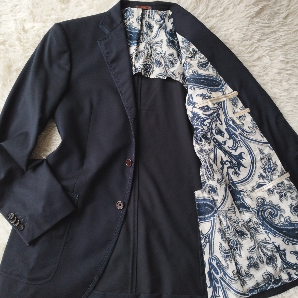 日本代購代標第一品牌【樂淘letao】－【極美品 希少XL】 ETRO エトロ テーラードジャケット ペイズリー 裏地リネン100% パイピング 濃紺 ネイビー 50 大きいサイズ ブレザー