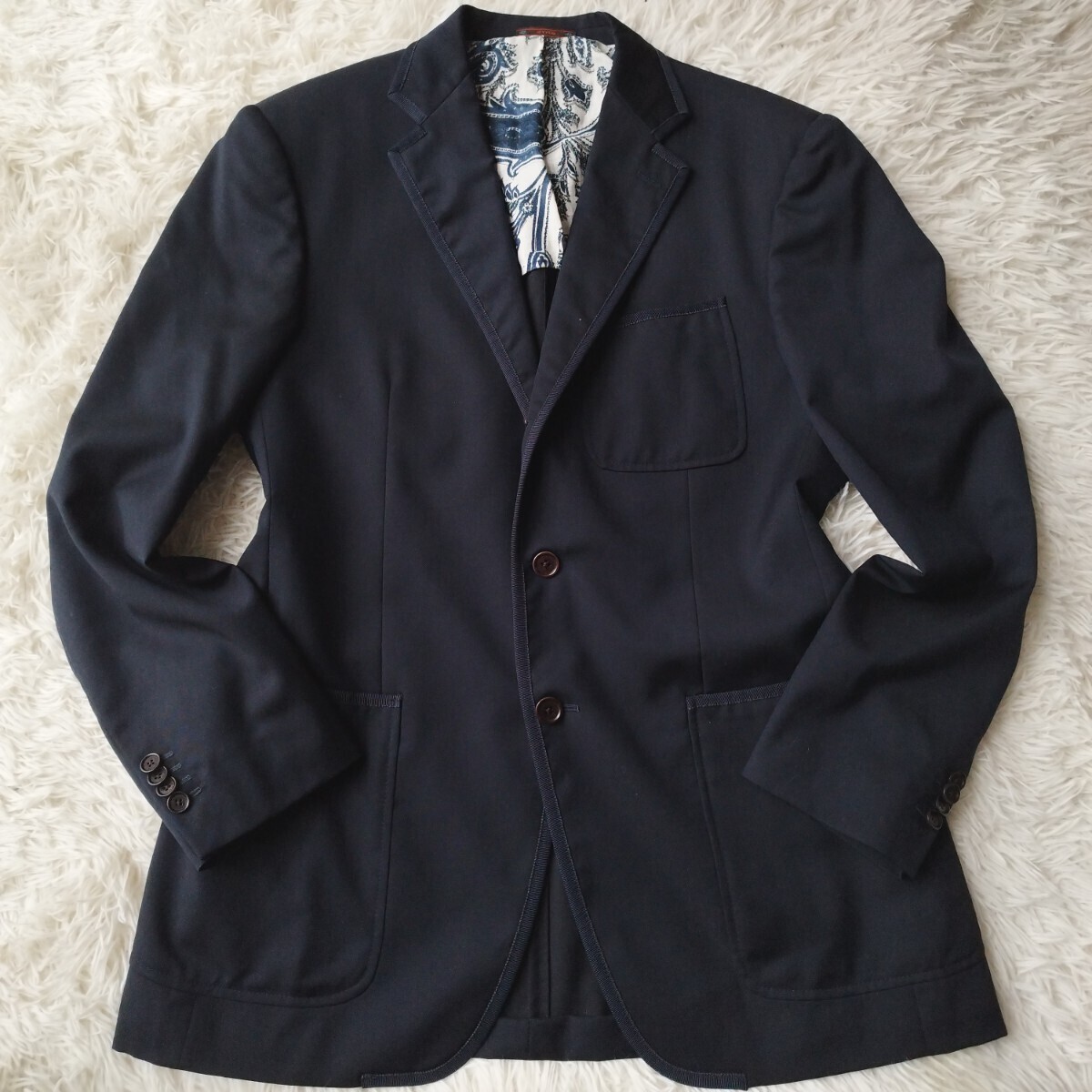 日本代購代標第一品牌【樂淘letao】－【極美品 希少XL】 ETRO エトロ テーラードジャケット ペイズリー 裏地リネン100% パイピング 濃紺 ネイビー 50 大きいサイズ ブレザー
