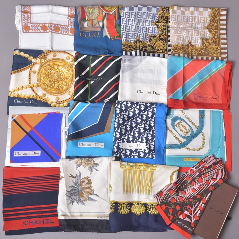有 ブランド スカーフ まとめ 16枚 LOUIS VUITTON/Hermes/CHANEL/Dior/FENDI/GUCCI カレ モノグラム 大判 ストール 大量 #80 0212-25 ...