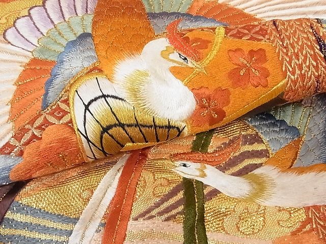 平和屋着物○極上 色打掛 駒刺繍 御所車尾長鳥立波文 金糸 正絹 平和屋着物○極上 色打掛 駒刺繍 御所車尾長鳥立波文 金糸 正絹