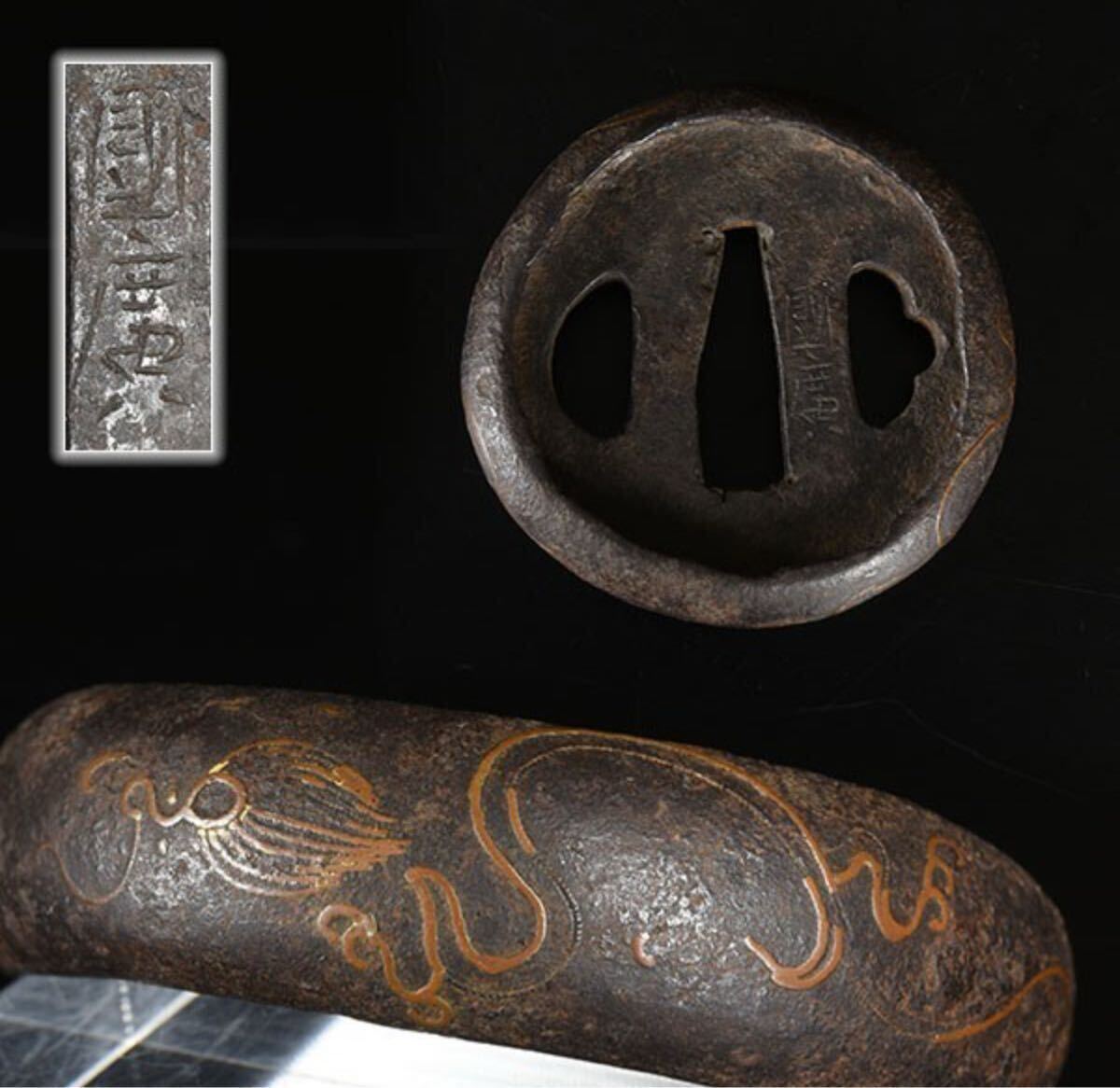 Yahoo!オークション - 刀装具 國廣 銘 鉄地 龍図 象嵌 鍔 重量 約168g ...