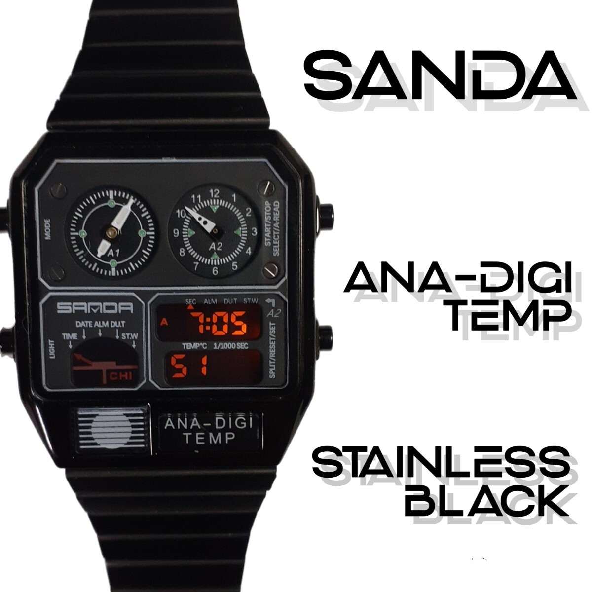 Yahoo!オークション - 動作正常 腕時計 SANDA アナデジ テンプ ブラッ...