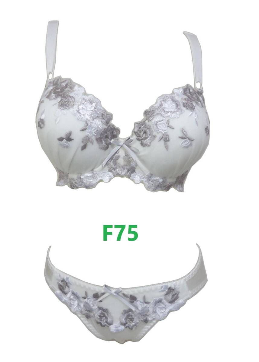 Yahoo!オークション - F75/L・ホワイト 大花柄刺繍ブラジャー＆ショー...