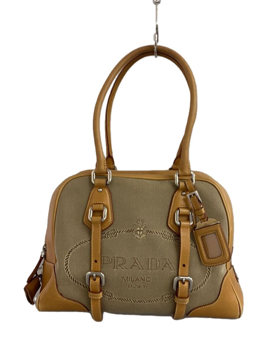 Yahoo!オークション - PRADA ミニボストン/レザー/キャンバス/BEG