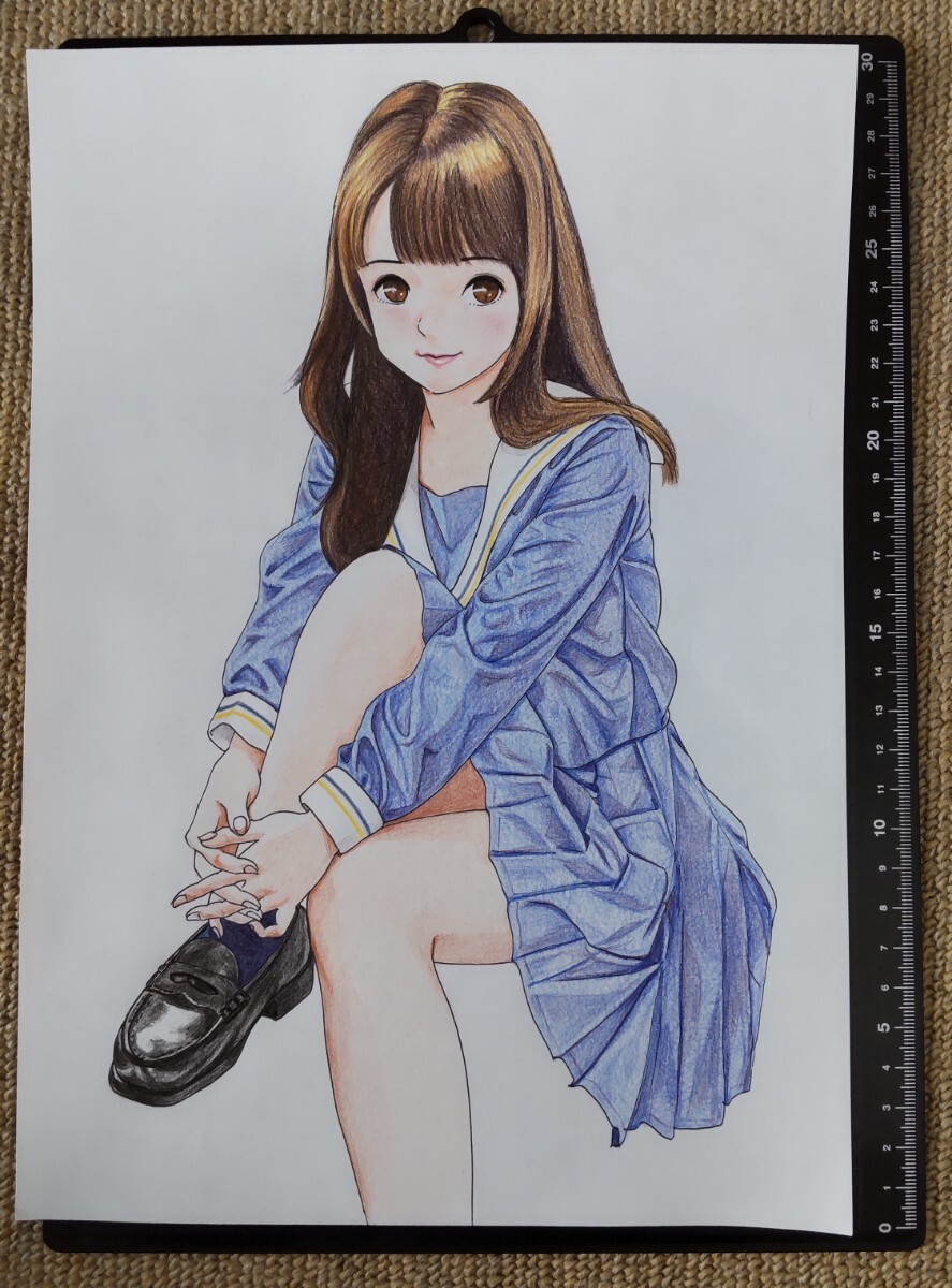 手描きイラスト A4サイズ 色鉛筆画 セーラー服 ローファー 手描きイラスト A4サイズ 色鉛筆画 セーラー服 ローファー
