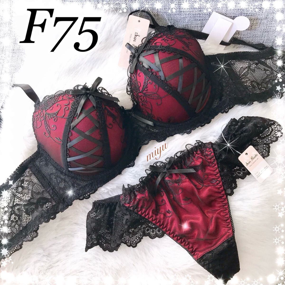 Yahoo!オークション - F75L レースアップ ワインレッド ブラジャー&Tバ...