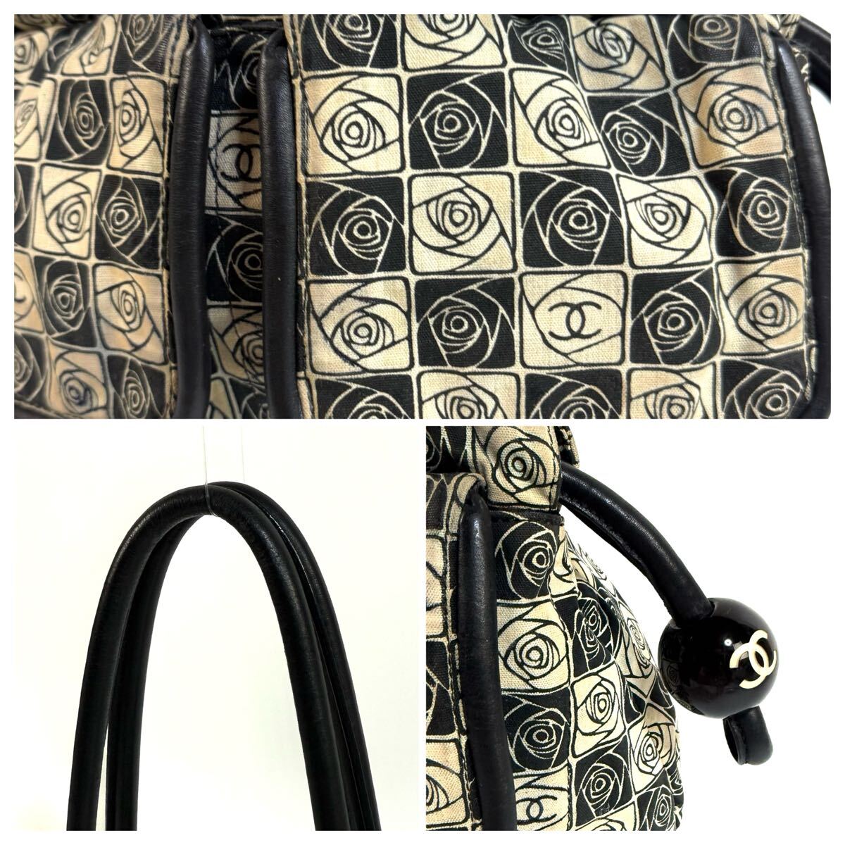美品】CHANEL シャネル コットン レザー カメリア 肩掛けトート 美品】CHANEL シャネル コットン レザー カメリア 肩掛けトート
