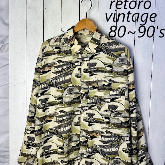 Yahoo!オークション - sh 871 レトロ古着 80s～90s 飛行機総柄シャツ L...