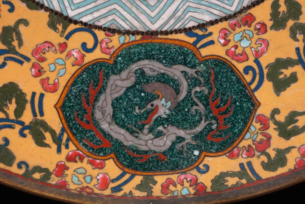 asiya162】時代物 鳳凰龍花紋 七宝皿 大皿 箱付◇尾張七宝 asiya162】時代物 鳳凰龍花紋 七宝皿 大皿 箱付◇尾張七宝