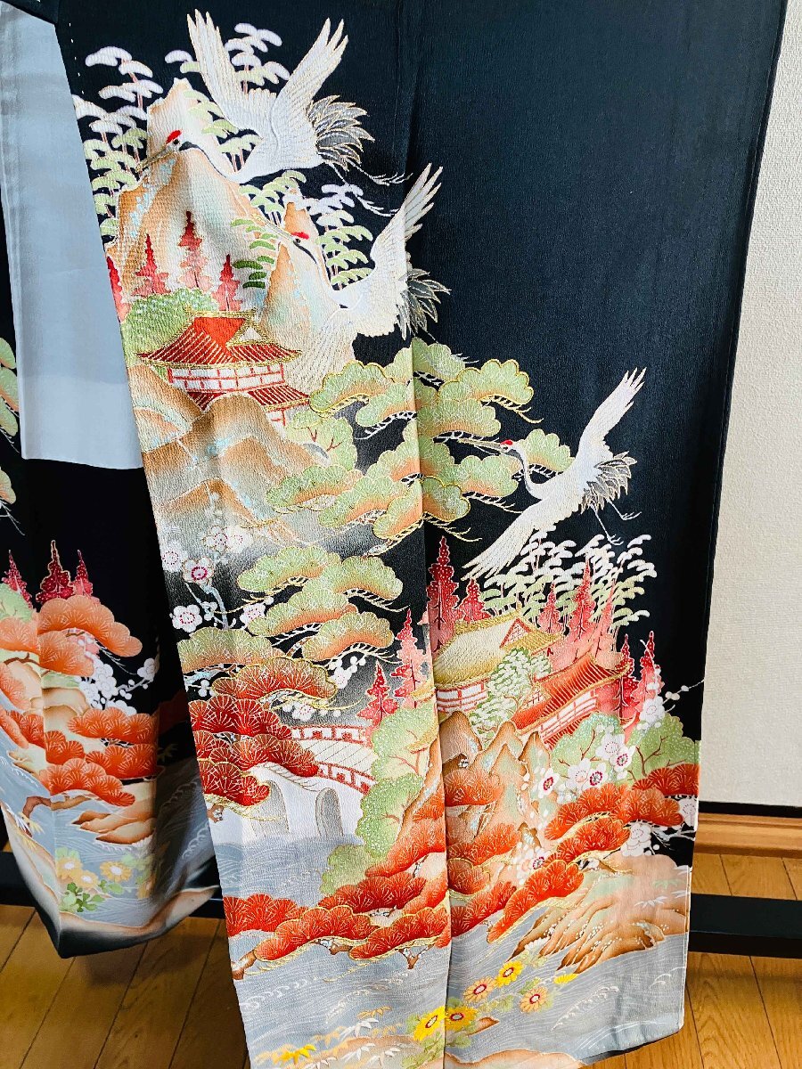 Yahoo!オークション - 着物 黒留袖 正絹 / 黒色系 ブラック系 / 草花文...