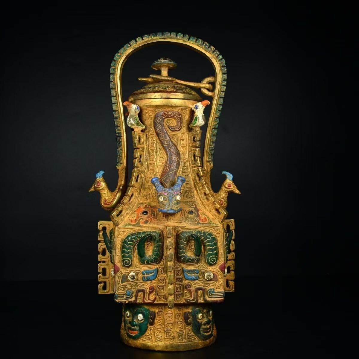 Yahoo!オークション - K77旧家収蔵 銅製金絵彩方提梁釉 置物